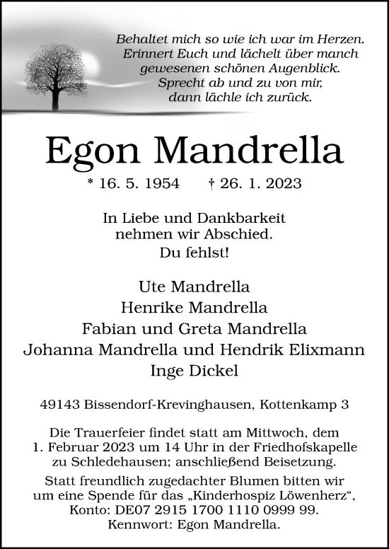 Traueranzeigen von Egon Mandrella | noz Trauerportal