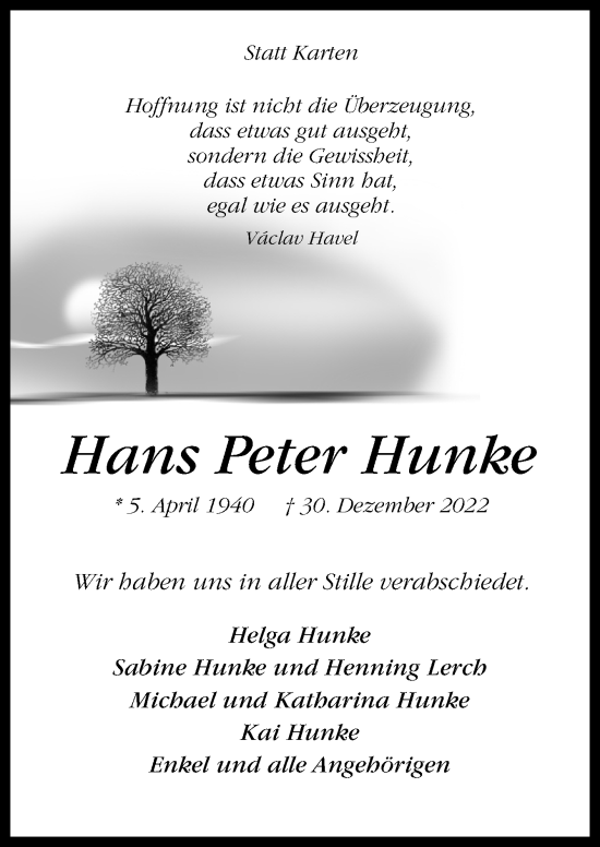 Traueranzeigen von Hans Peter Hunke | noz Trauerportal