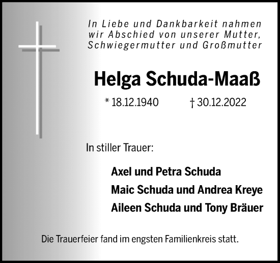 Traueranzeigen von Helga Schuda-Maaß | noz Trauerportal