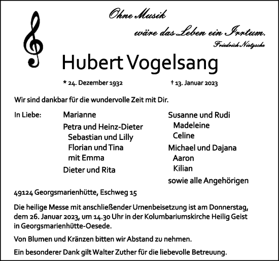 Traueranzeigen von Hubert Vogelsang | noz Trauerportal