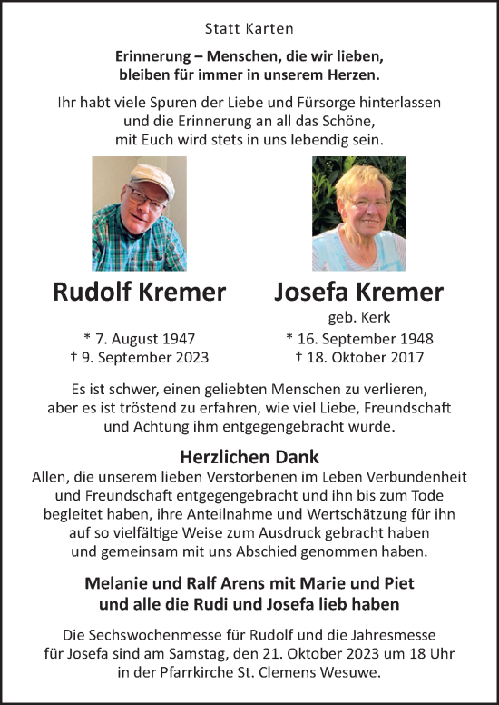 Traueranzeigen von Rudolf und Josefa Kremer | noz Trauerportal