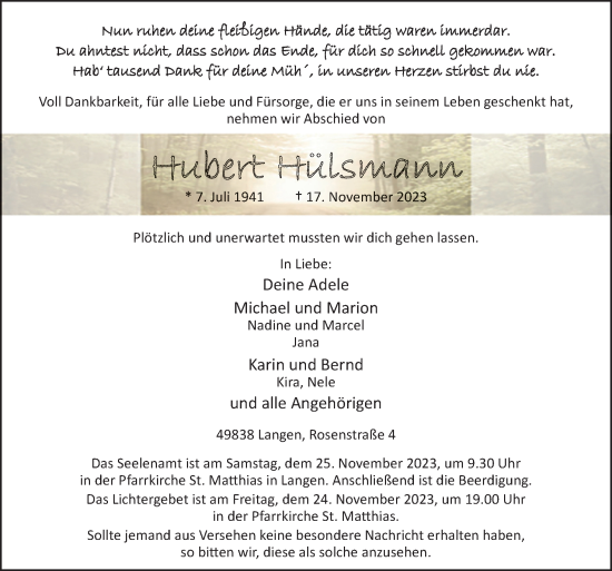Traueranzeigen von Hubert Hülsmann | noz Trauerportal