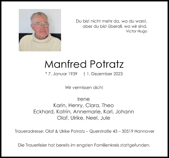 Traueranzeigen von Manfred Potratz | noz Trauerportal