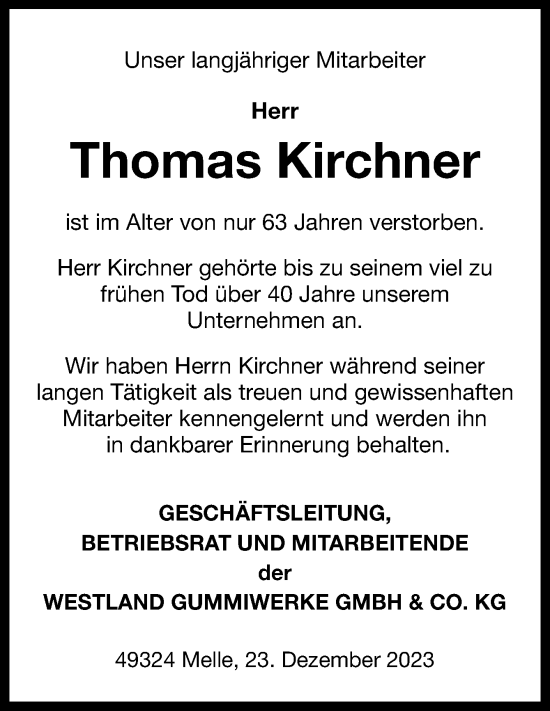 Traueranzeigen von Thomas Kirchner | noz Trauerportal