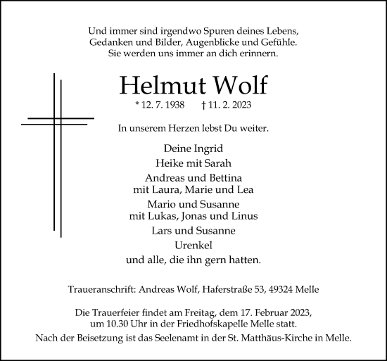 Traueranzeigen von Helmut Wolf | noz Trauerportal