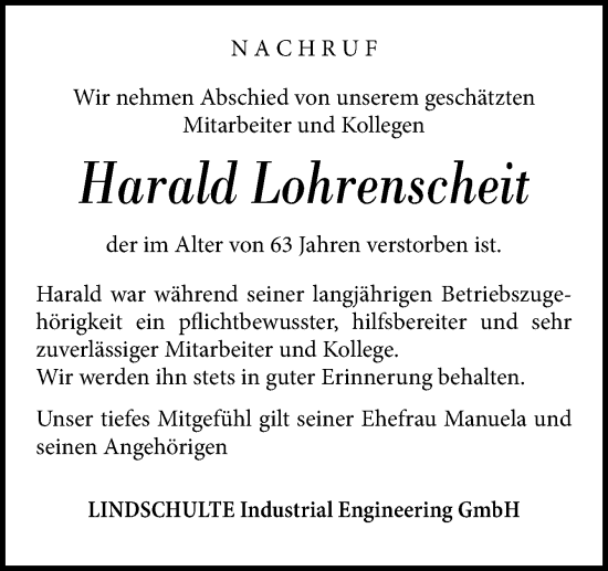 Traueranzeigen von Harald Lohrenscheit | noz Trauerportal