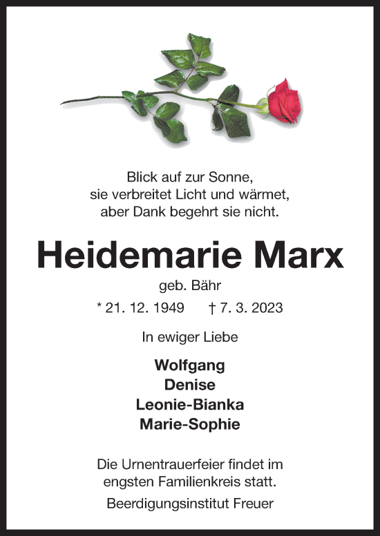 Traueranzeigen von Heidemarie Marx | noz Trauerportal