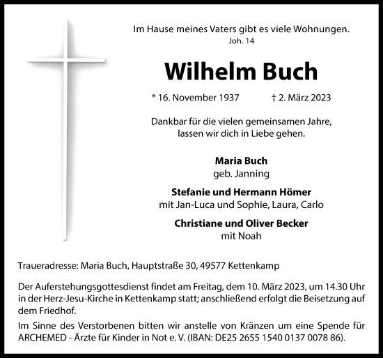 Traueranzeigen von Wilhelm Buch | noz Trauerportal