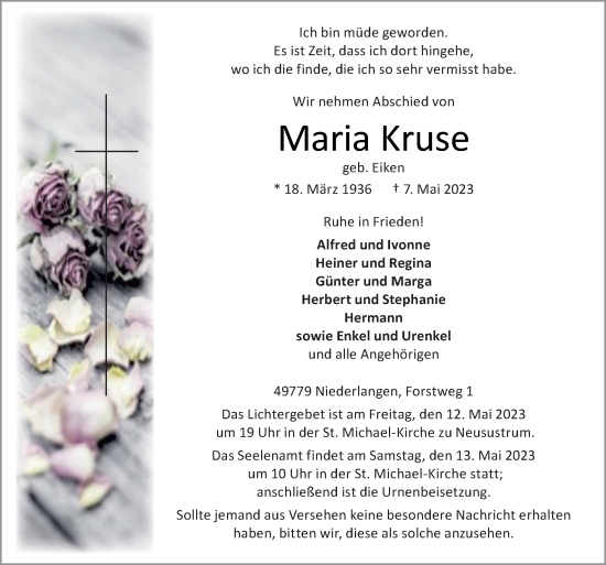 Traueranzeigen von Maria Kruse | noz Trauerportal