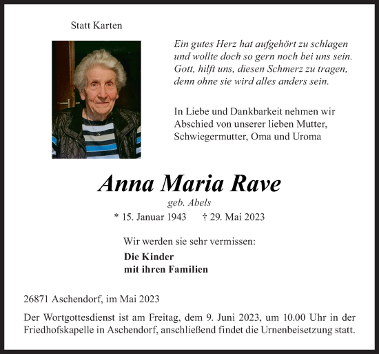 Traueranzeigen von Anna Maria Rave | noz Trauerportal