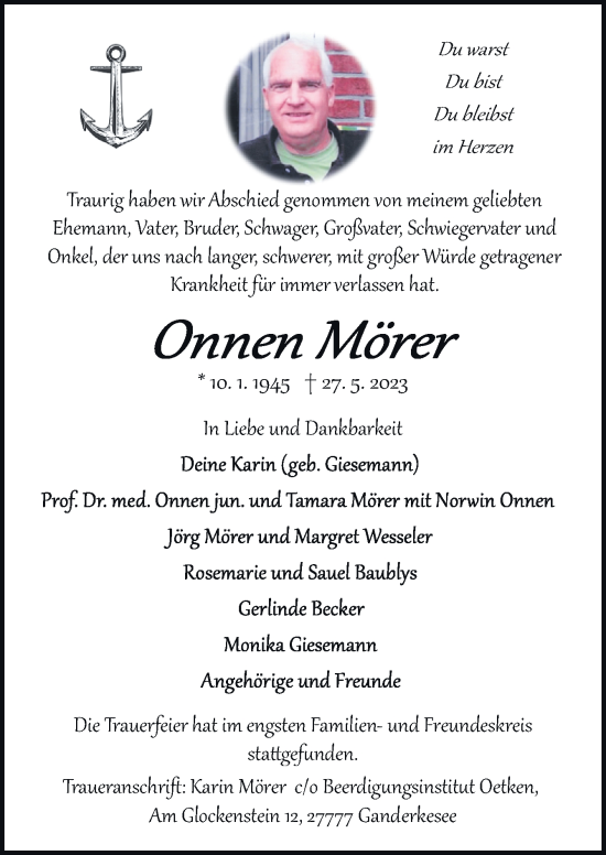 Traueranzeigen von Onnen Mörer | noz Trauerportal