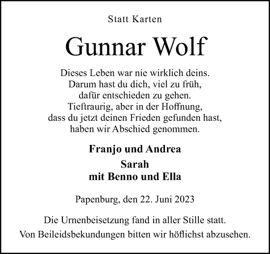 Traueranzeigen von Gunnar Wolf | noz Trauerportal