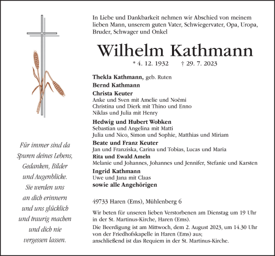 Traueranzeigen von Wilhelm Kathmann | noz Trauerportal