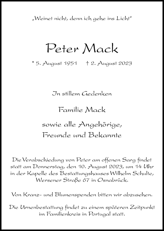 Traueranzeigen von Peter Mack | noz Trauerportal