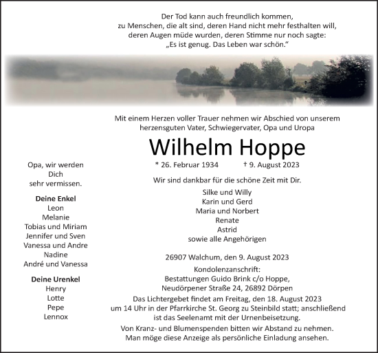 Traueranzeigen von Wilhelm Hoppe | noz Trauerportal