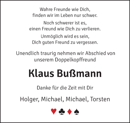 Traueranzeigen von Klaus Bußmann | noz Trauerportal