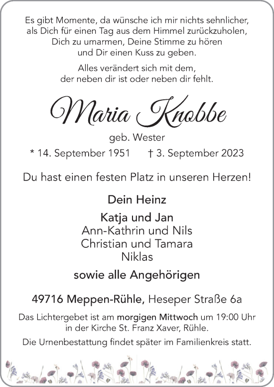 Traueranzeigen von Maria Knobbe | noz Trauerportal