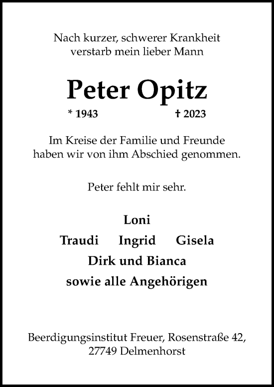 Traueranzeigen von Peter Opitz | noz Trauerportal