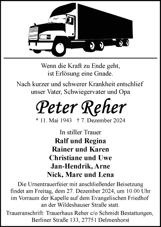 Traueranzeigen von Peter Reher | noz Trauerportal