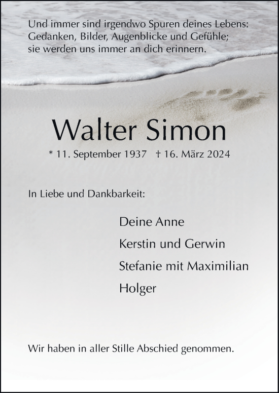 Traueranzeigen von Walter Simon | noz Trauerportal