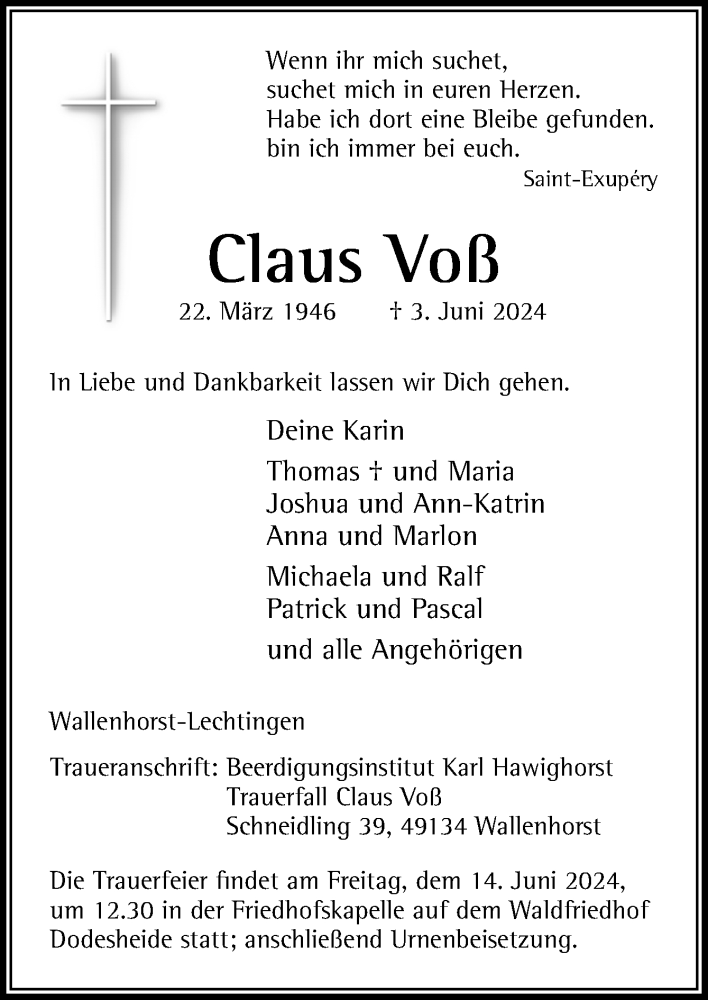 Traueranzeigen von Claus Voß | noz Trauerportal