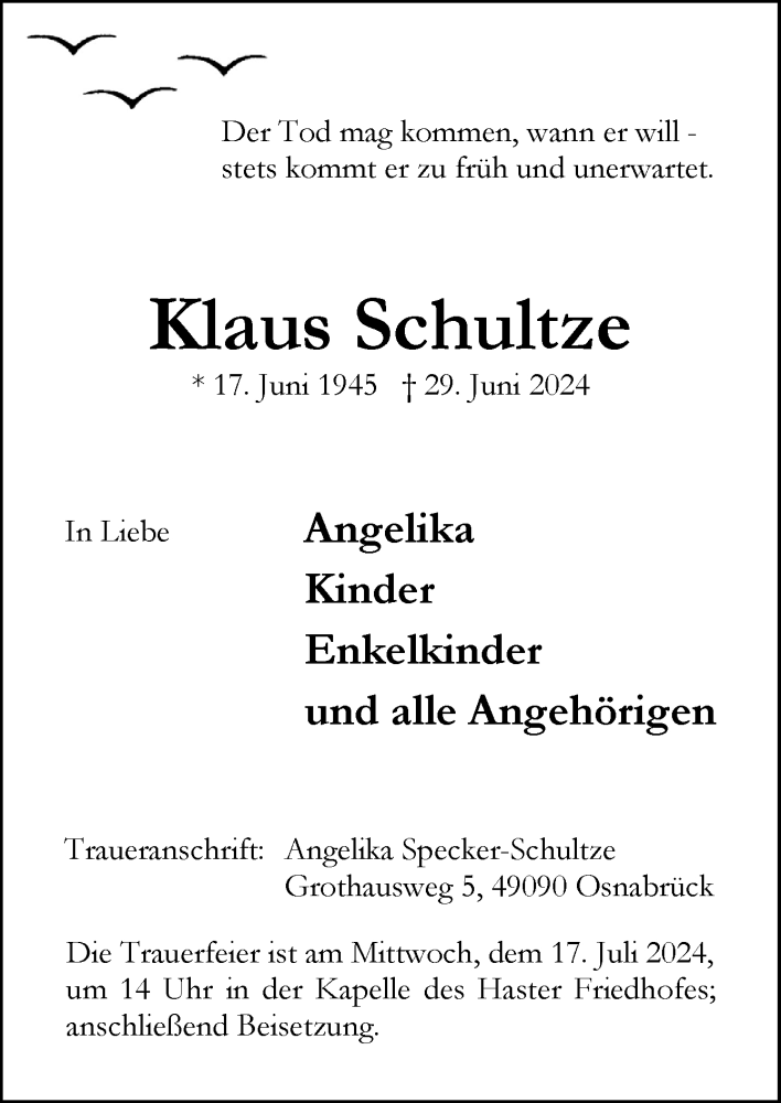Traueranzeigen von Klaus Schultze | noz Trauerportal