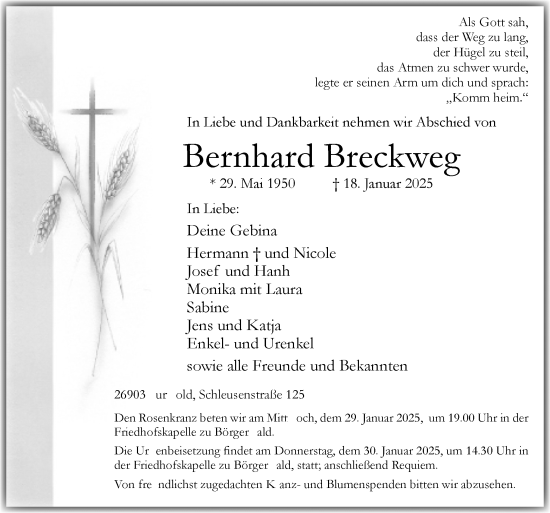 Traueranzeigen von Bernhard Breckweg | noz Trauerportal