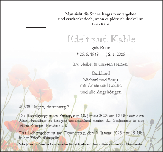 Traueranzeigen von Edeltraud Kahle | noz Trauerportal