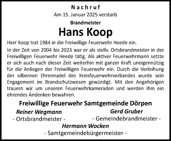 Traueranzeigen von Hans Koop | noz Trauerportal