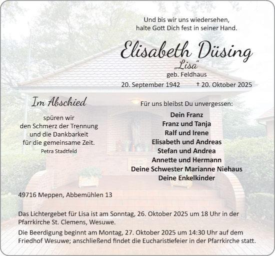 Traueranzeigen von Elisabeth Düsing | noz Trauerportal