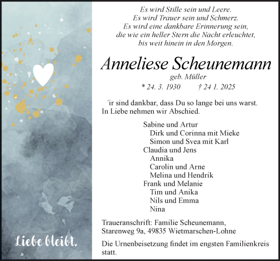 Traueranzeigen von Anneliese Scheunemann | noz Trauerportal