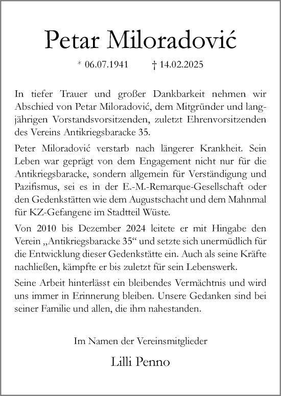 Traueranzeigen von Petar Miloradovic | noz Trauerportal