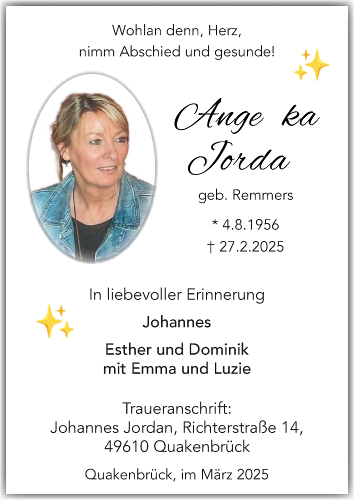 Traueranzeigen von Angelika Jordan | noz Trauerportal
