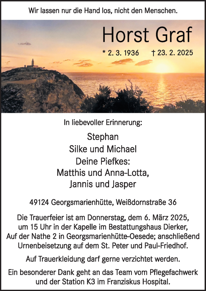 Traueranzeigen von Horst Graf | noz Trauerportal