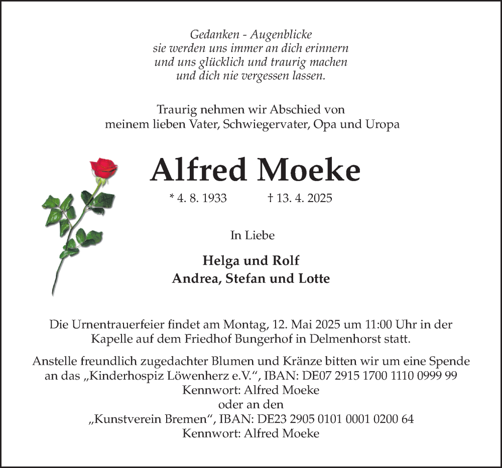 Traueranzeigen von Alfred Moeke | noz Trauerportal