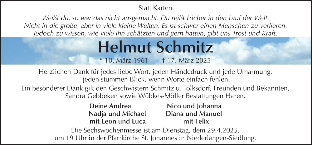 Traueranzeigen von Helmut Schmitz | noz Trauerportal