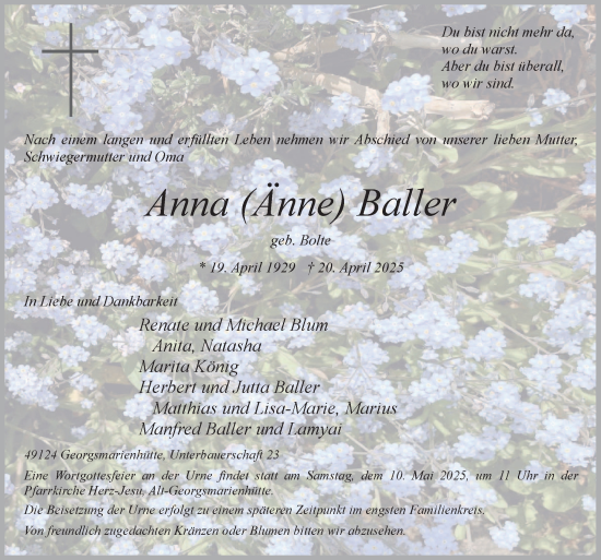 Traueranzeigen von Anna Baller | noz Trauerportal