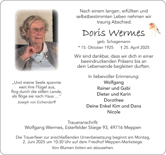 Traueranzeigen von Doris Wermes | noz Trauerportal