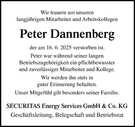Traueranzeigen von Peter Dannenberg | noz Trauerportal