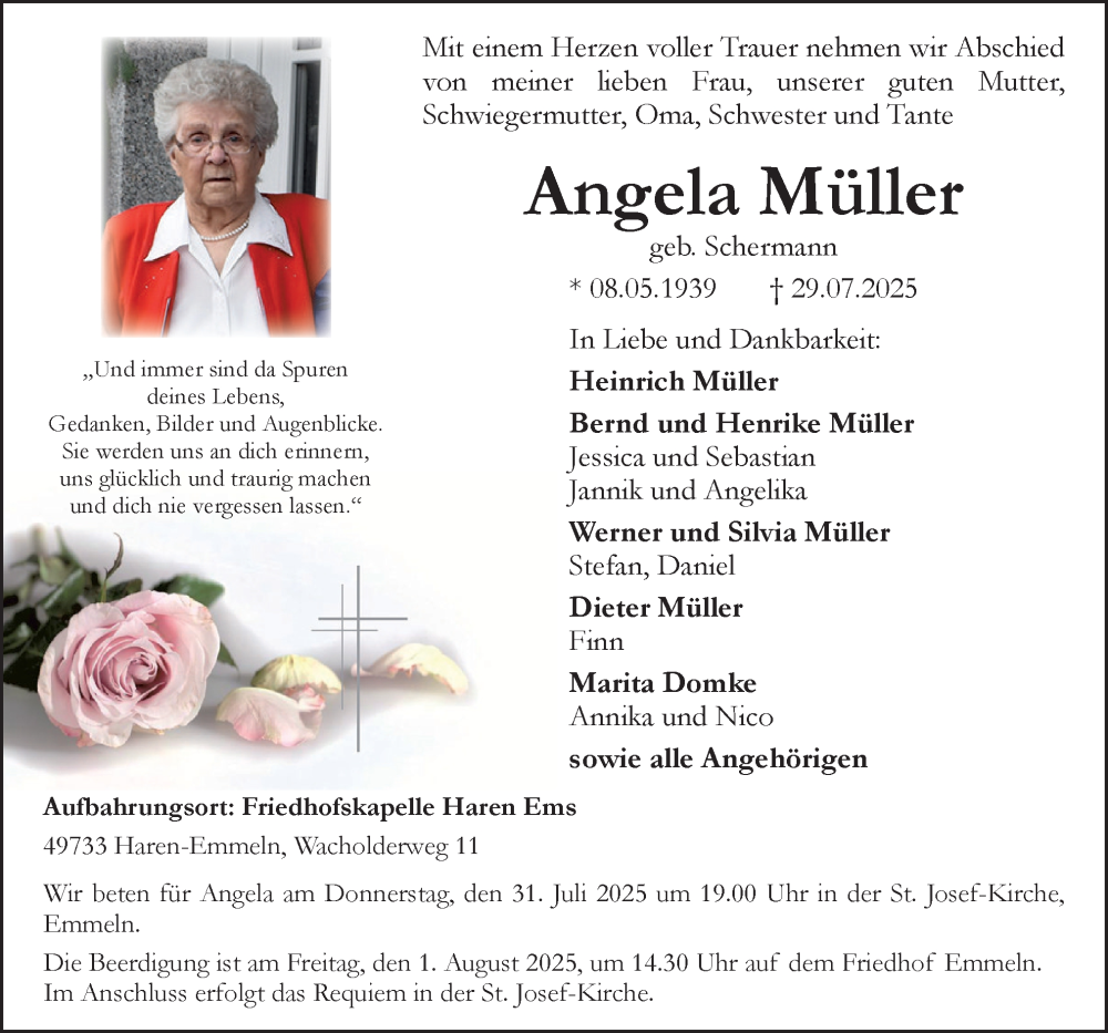 Traueranzeigen von Angela Müller | noz Trauerportal