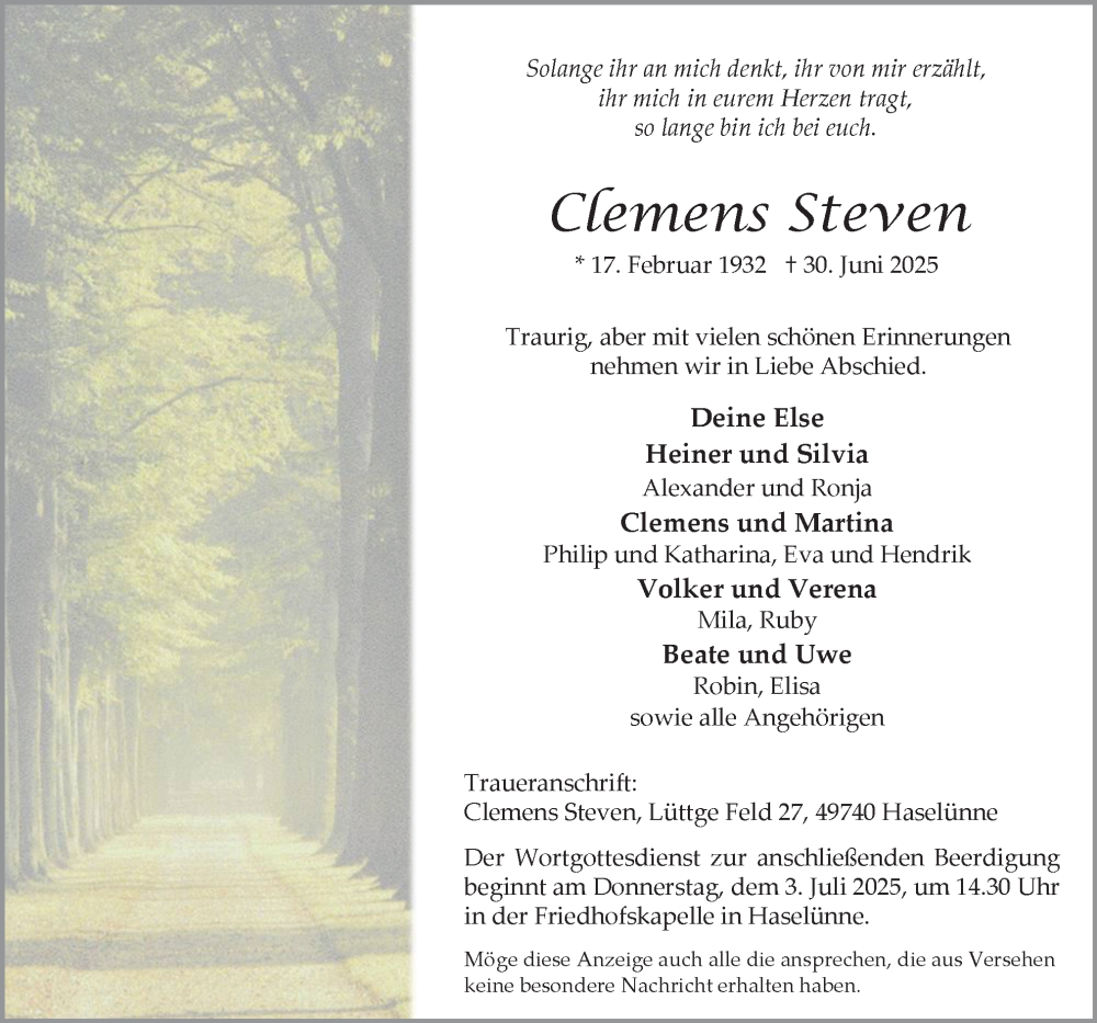 Traueranzeigen von Clemens Steven | noz Trauerportal