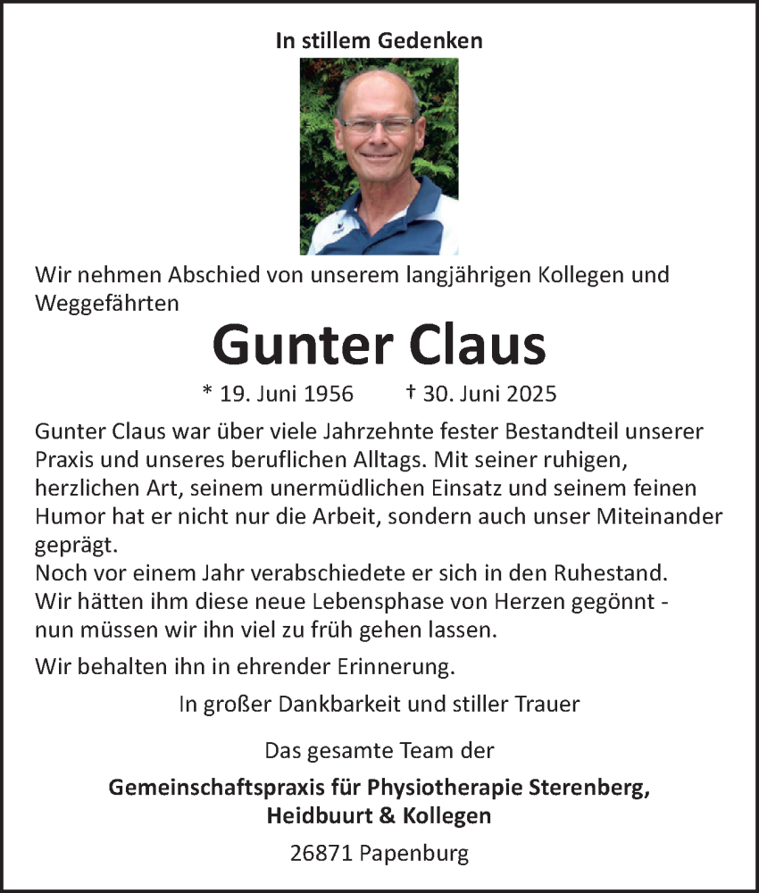Traueranzeigen von Gunter Claus | noz Trauerportal