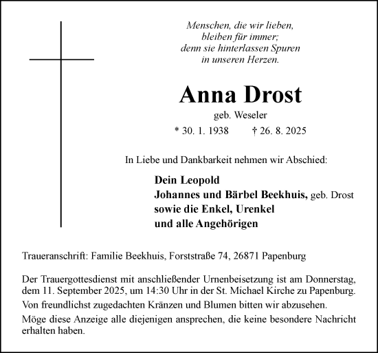 Traueranzeigen aus Ems Zeitung | noz Trauerportal