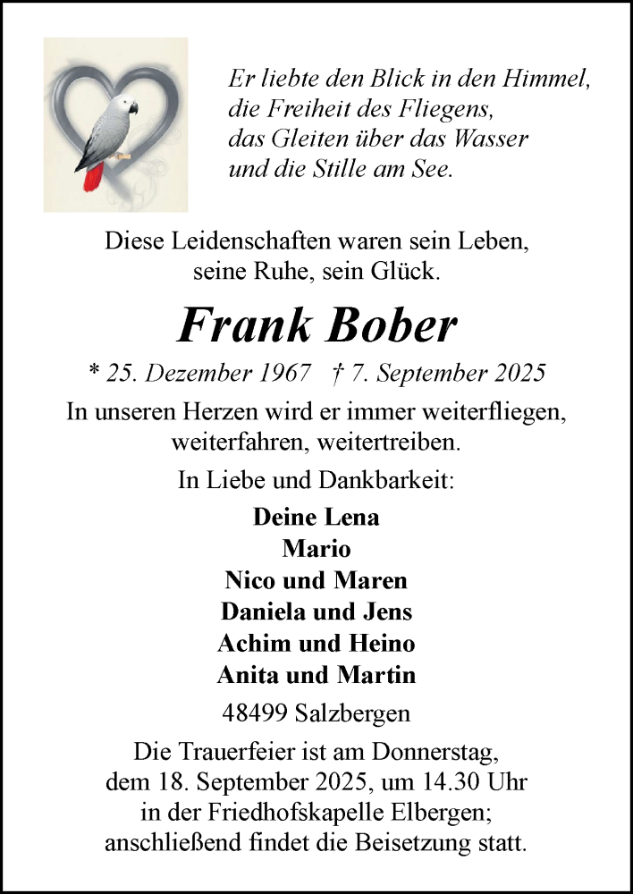 Traueranzeigen von Frank Bober | noz Trauerportal