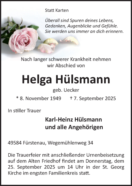 Traueranzeigen von Helga Hülsmann | noz Trauerportal