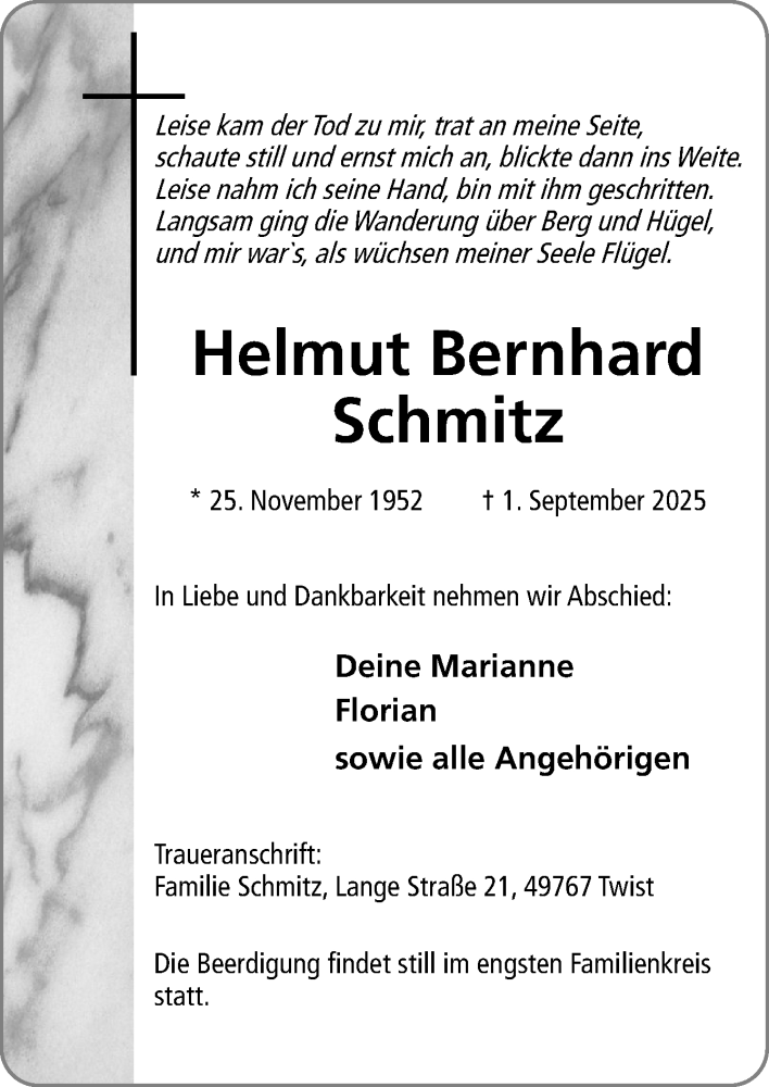 Traueranzeigen von Helmut Bernhard Schmitz | noz Trauerportal